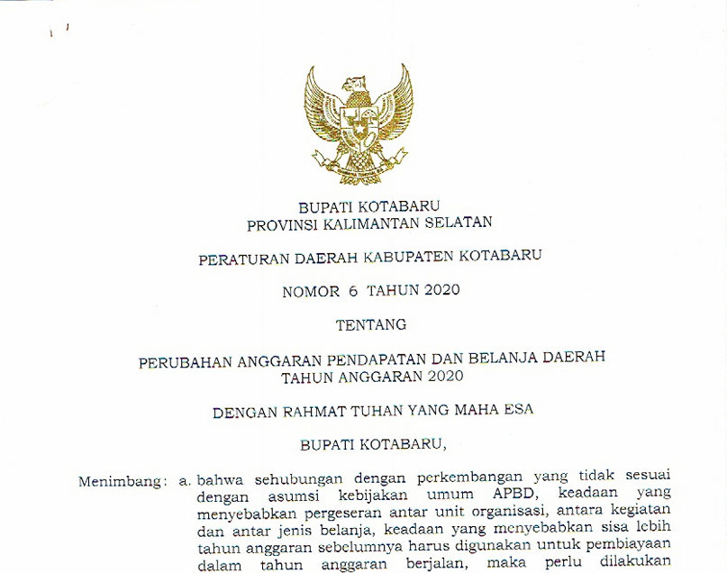 Peraturan Daerah Kabupaten Kotabaru Nomor 9 Tahun 2020 tentang Anggaran ...
